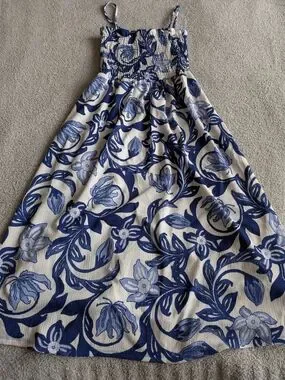 H&M | Dresses | Hm White And Blue Floral Smocked Midi Dress Nwot | Poshmark